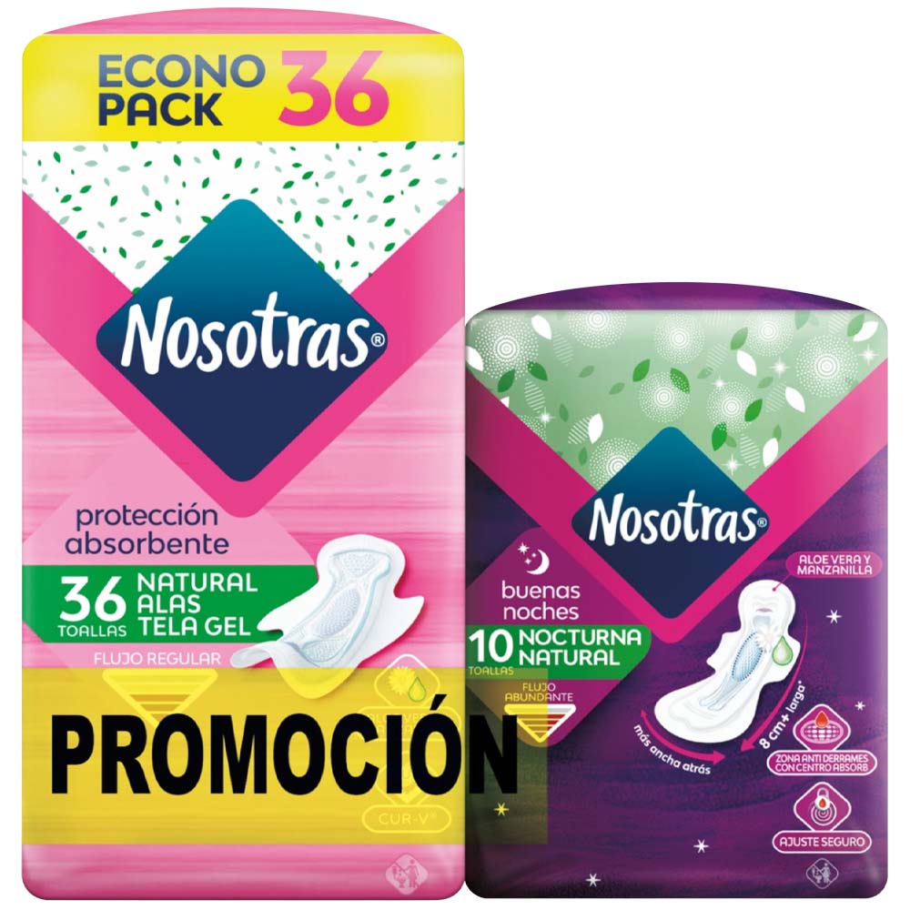 Pack Toallas Higiénicas NOSOTRAS Alas Tela Gel 36un + Buenas Noches Paquete 10un - Oechsle