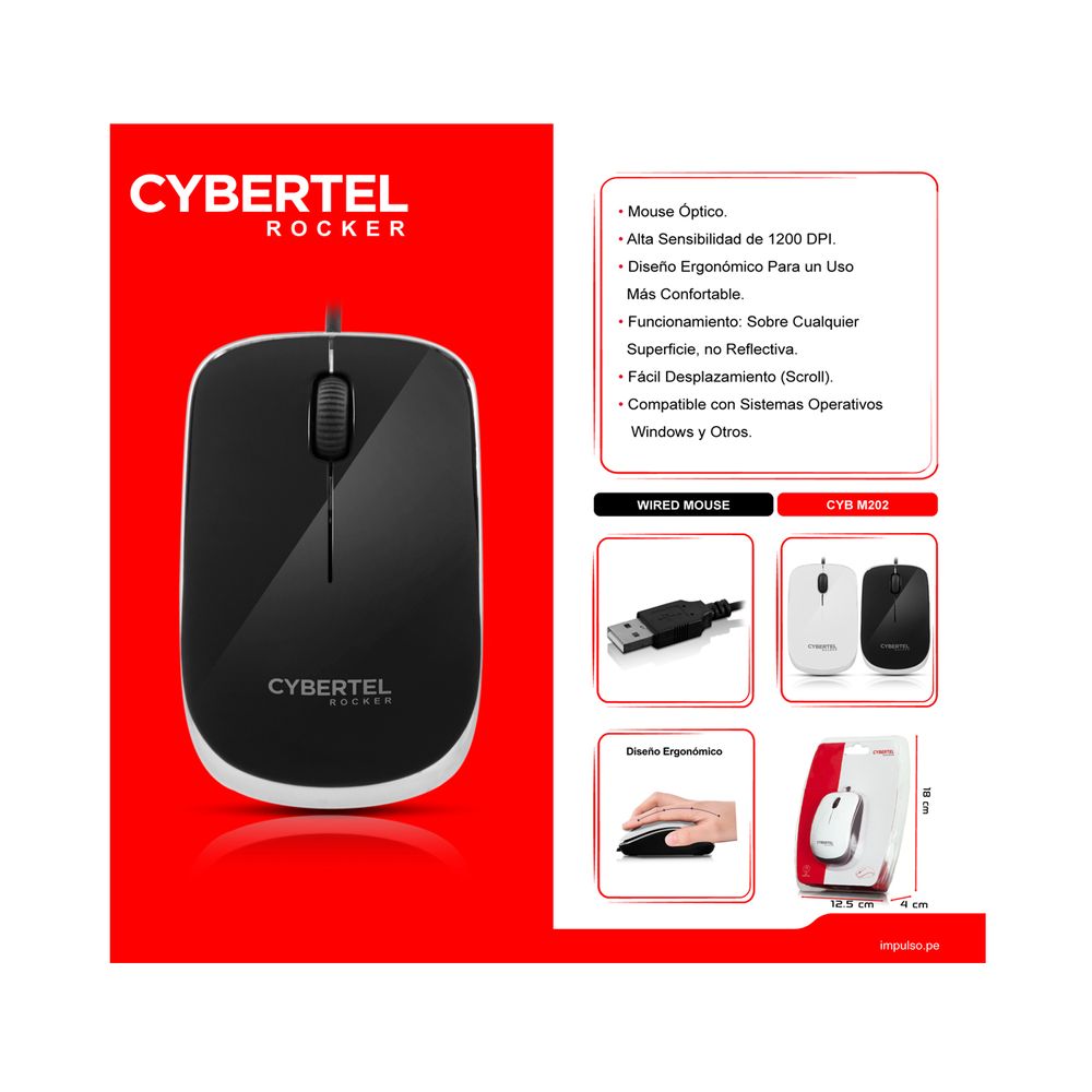 Mouse Cybertel ROCKERCYB M202BK alámbrico USB color negro I Oechsle - Oechsle