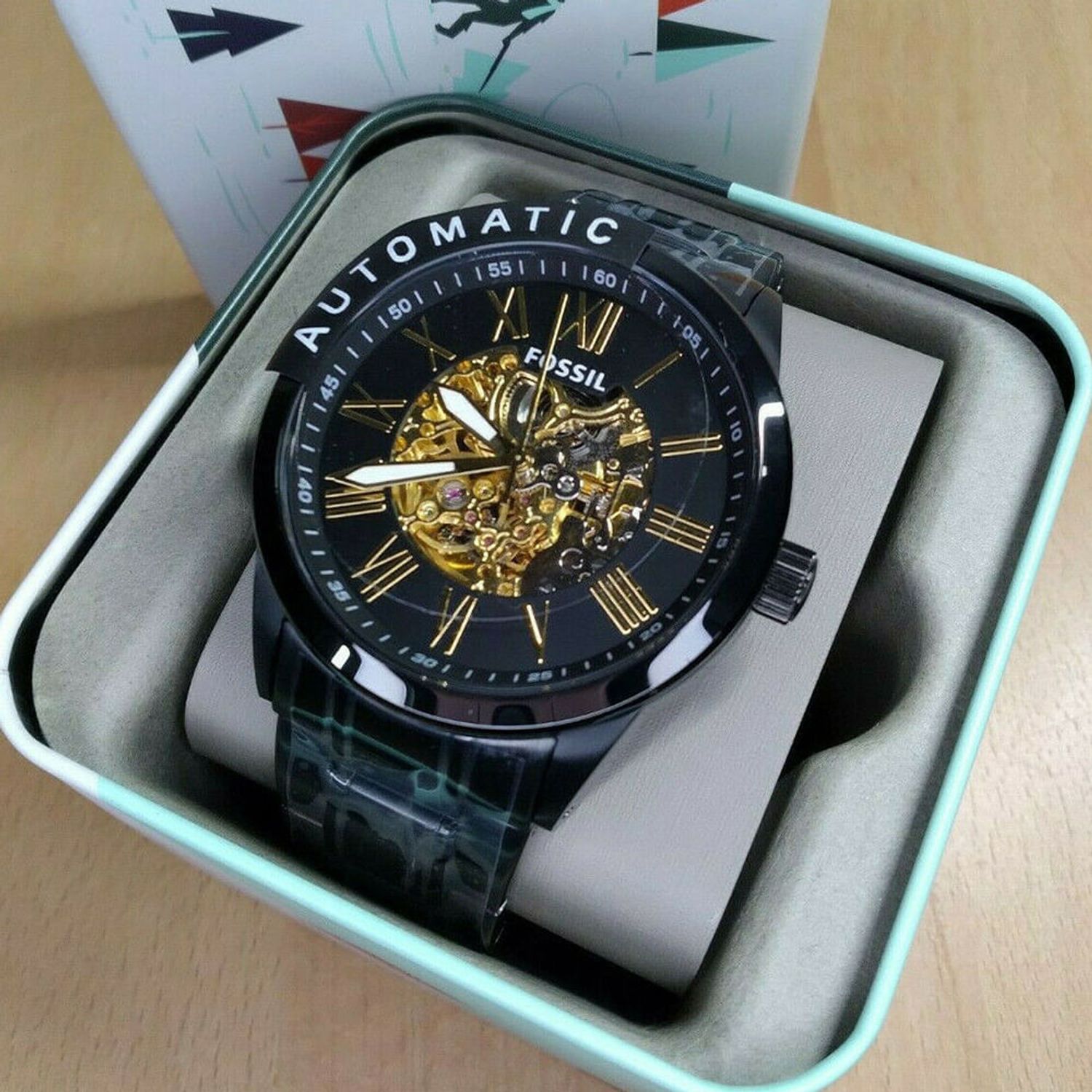 Reloj Fossil Flynn BQ2092 Automático Acero Inoxidable Negro Dial Dorado ...