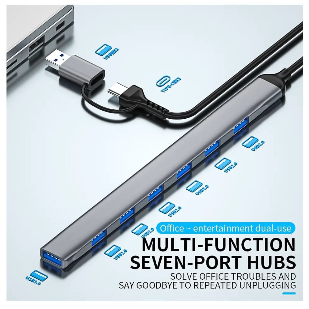 HUB Conector Dual 7 Puertos USB 3.0 de ALUMINIO Windows, MAC y Android ...