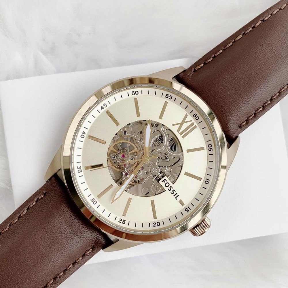 Reloj Fossil Flynn BQ2382 Automático Para Hombre Correa de Cuero Marrón ...