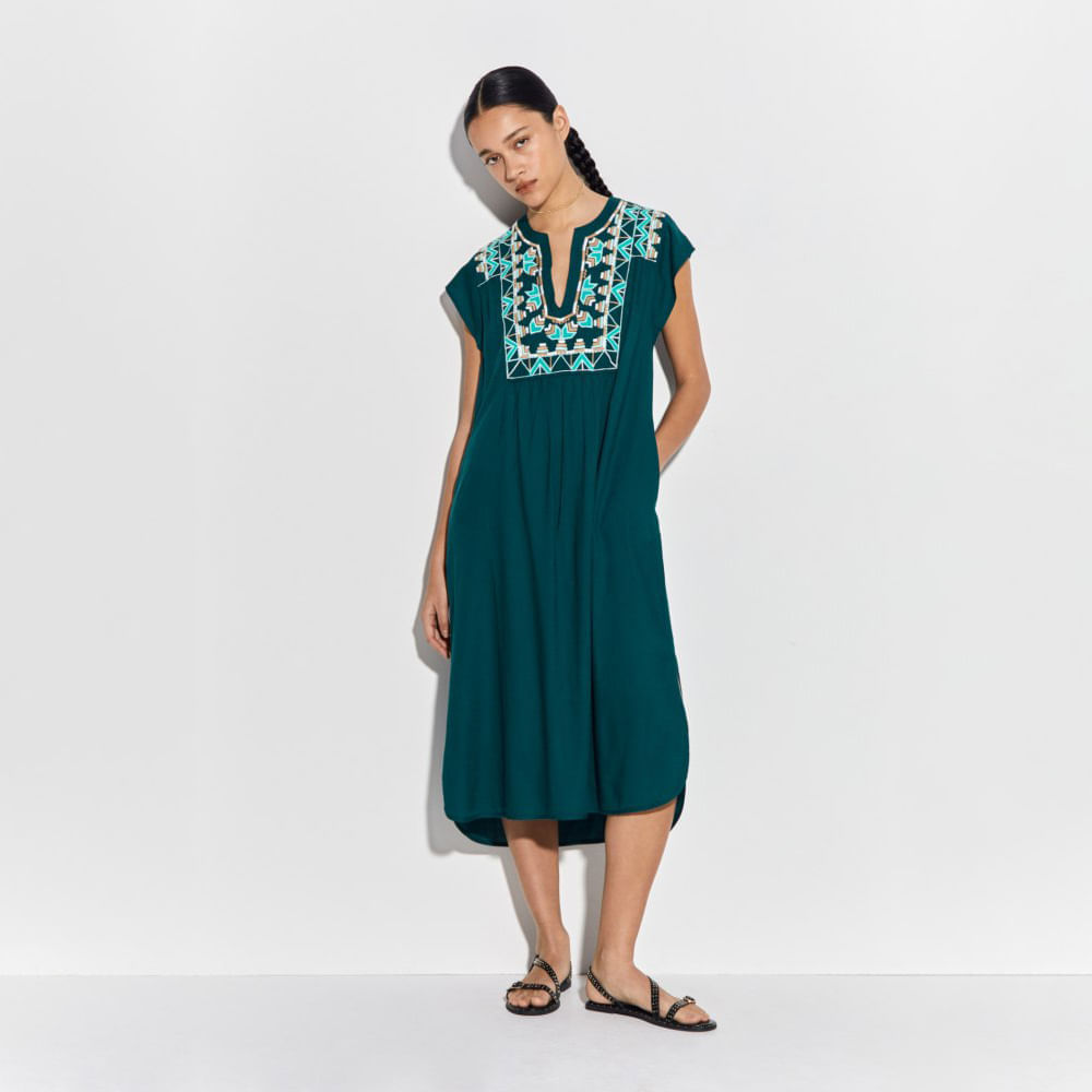 Vestido Pechera Bordada Sfera Mujer Verde | Oechsle.pe - Oechsle