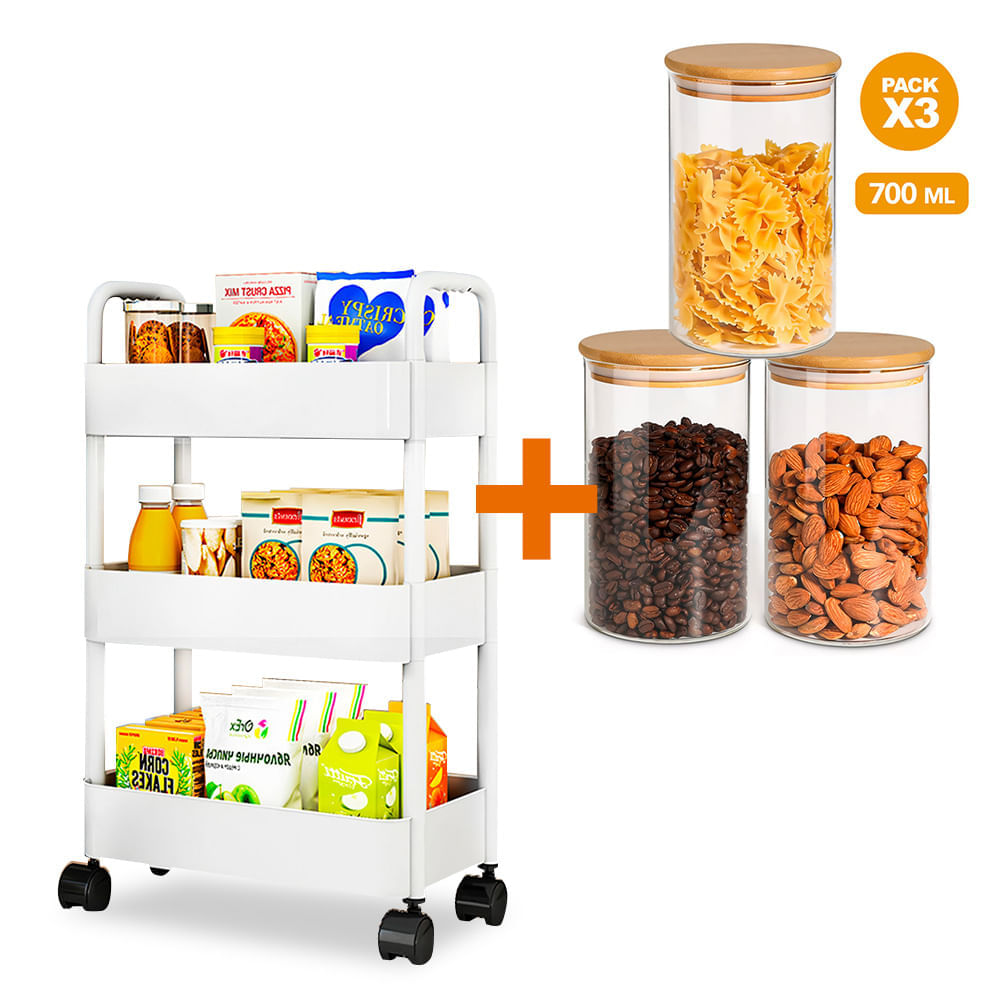 Organizador con Ruedas 3Niv JK3 Y Pack X3 Frascos de Vidrio 700 ML FV5 ...
