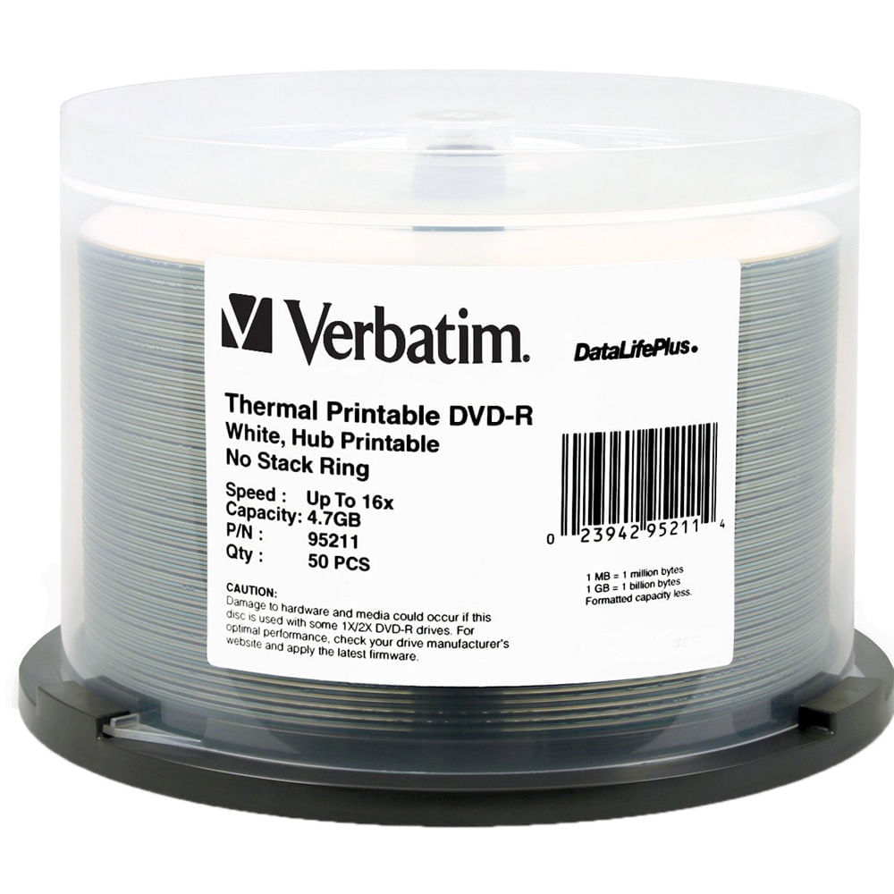Verbatim DVD-R 4.7GB 16X DataLifePlus, White Thermal Printable, Hub Printable Spindle (Pack of ...