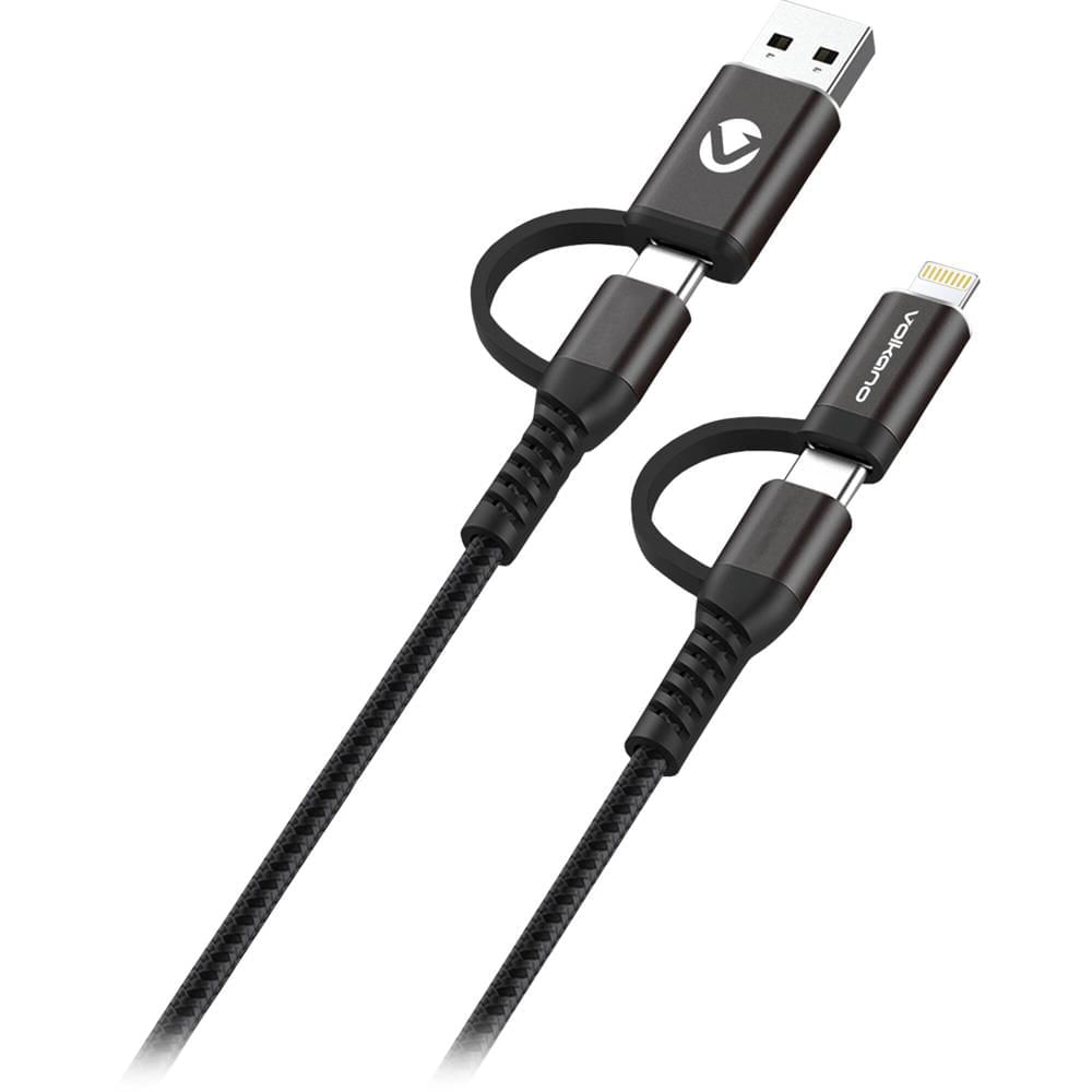 Cable de Carga y Datos 4 en 1 Volkano Weave (Negro, 4') - Soporte USB Type-C, Type-A y Lightning ...