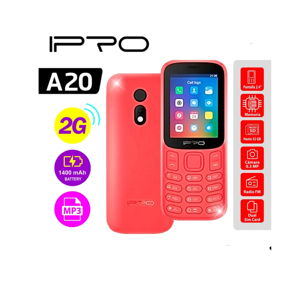 Celular Ipro A20 2G Beteria 1400mAh,Radio FM Inalambrico,Naranja| Oechsle.pe - Oechsle