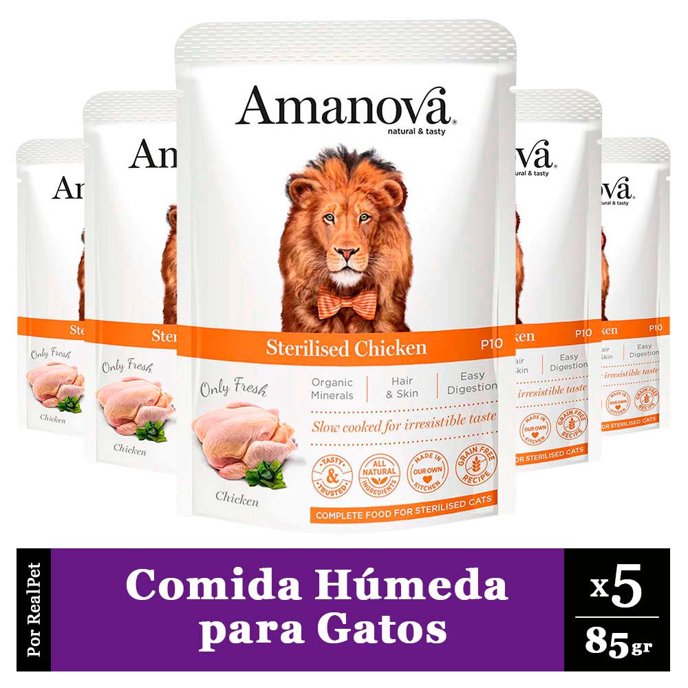 Pack x5 Comida Húmeda Gato Esterilizado Amanova Pollo 85gr| Oechsle ...