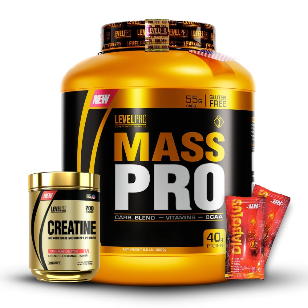 Mass Pro 6.6Lbs Rich Chocolate+Creatina Level Pro 500Gr+2 Diabolus ...