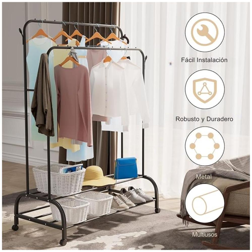 Colgador Perchero de Metal con Ruedas con Doble Organizador y Doble Repisa 160x110x56cm Negro ...