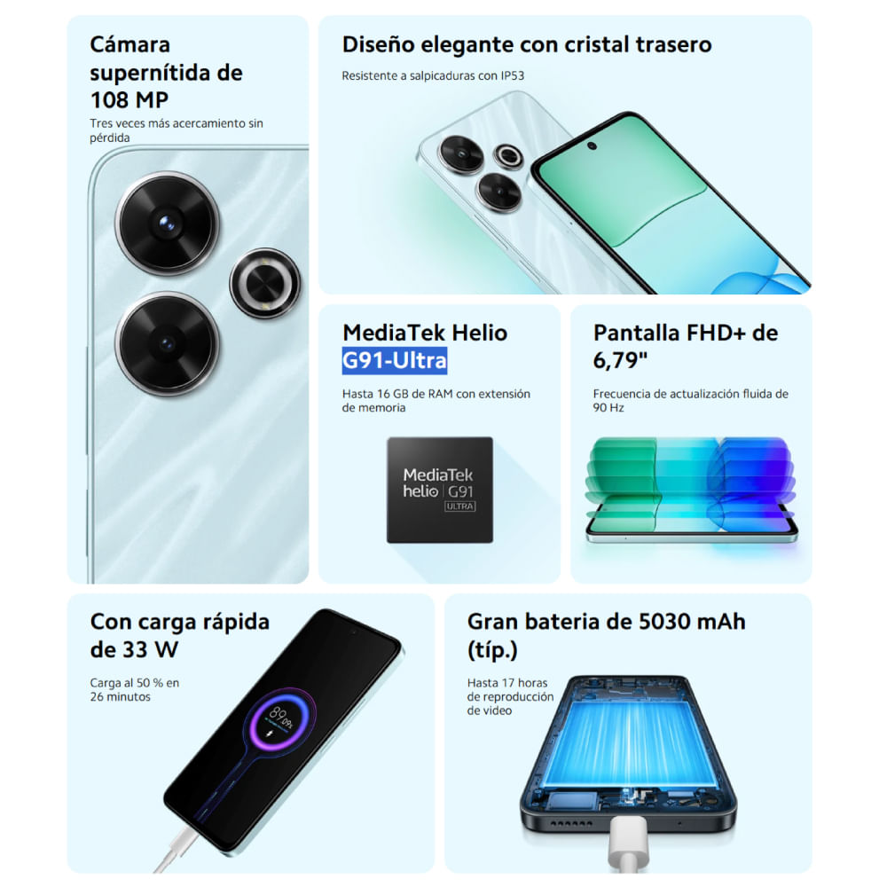 Xiaomi Redmi 13 256GB 8GB Ram Negro Cámara Dual 108MP, Pantalla FHD+ 6.79”, Batería 5030mAh ...