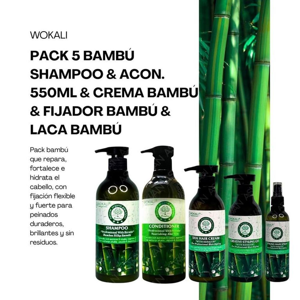 PACK BAMBÚ SHAMPOO & ACON 550ML & CREMA ALOE & FIJADOR BAMBÚ & LACA ...