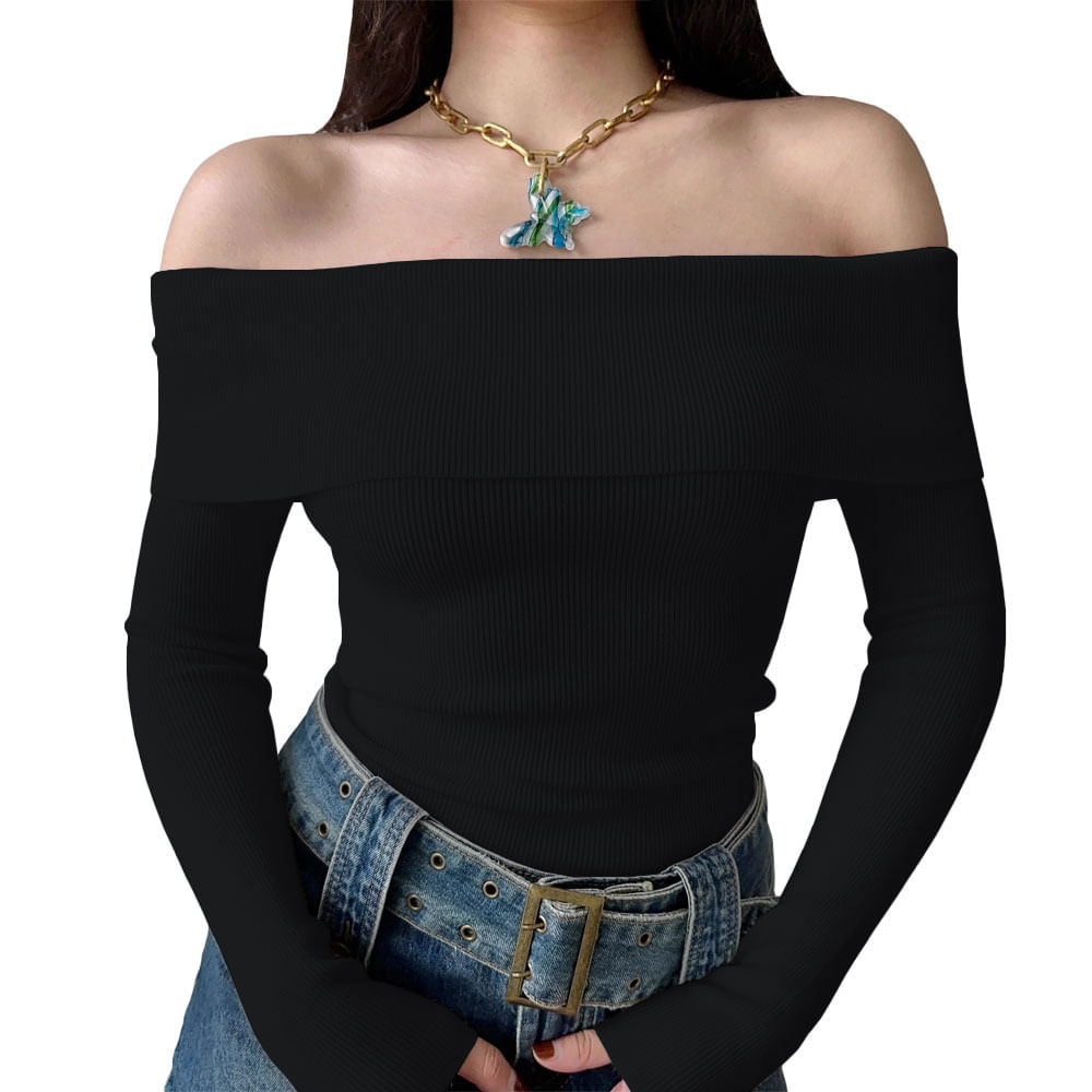 Polo Mujer Rumbera Manga Larga Rib Grueso New 710-16 Color Negro - Oechsle