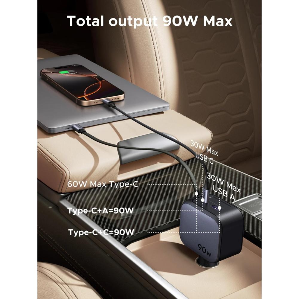 UGREEN Cargador 90W Carro Carga Rápida Cable USB-C Retráctil Incluido EC603 - 55909B - Oechsle