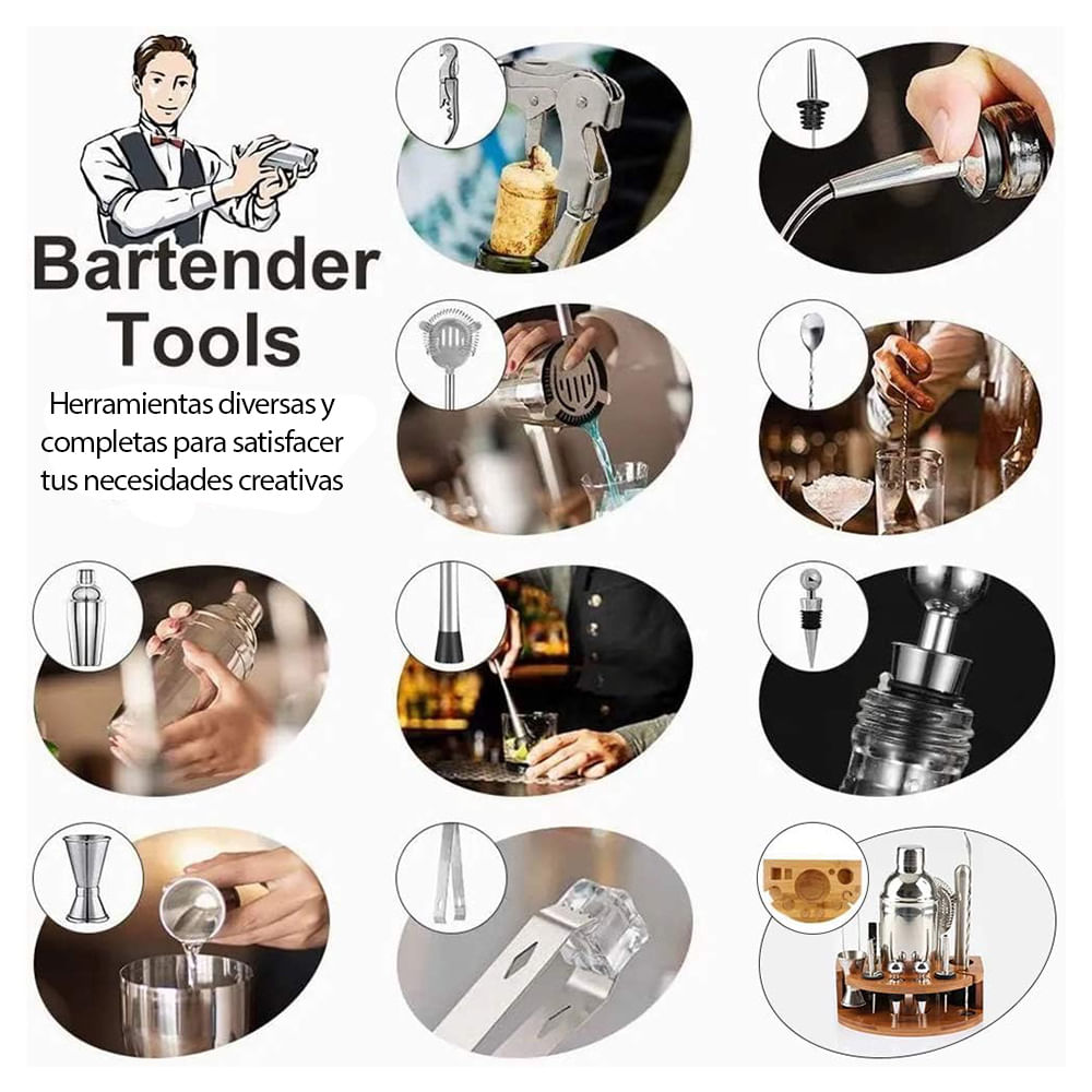 Set de Coctelería Profesional 12 Piezas de Acero con Base de Bambú SL1 ...