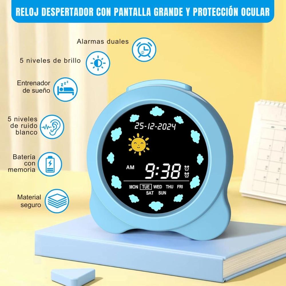 Reloj Despertador para Niños con Luz LED, Pantalla LCD a Color USB-C ...