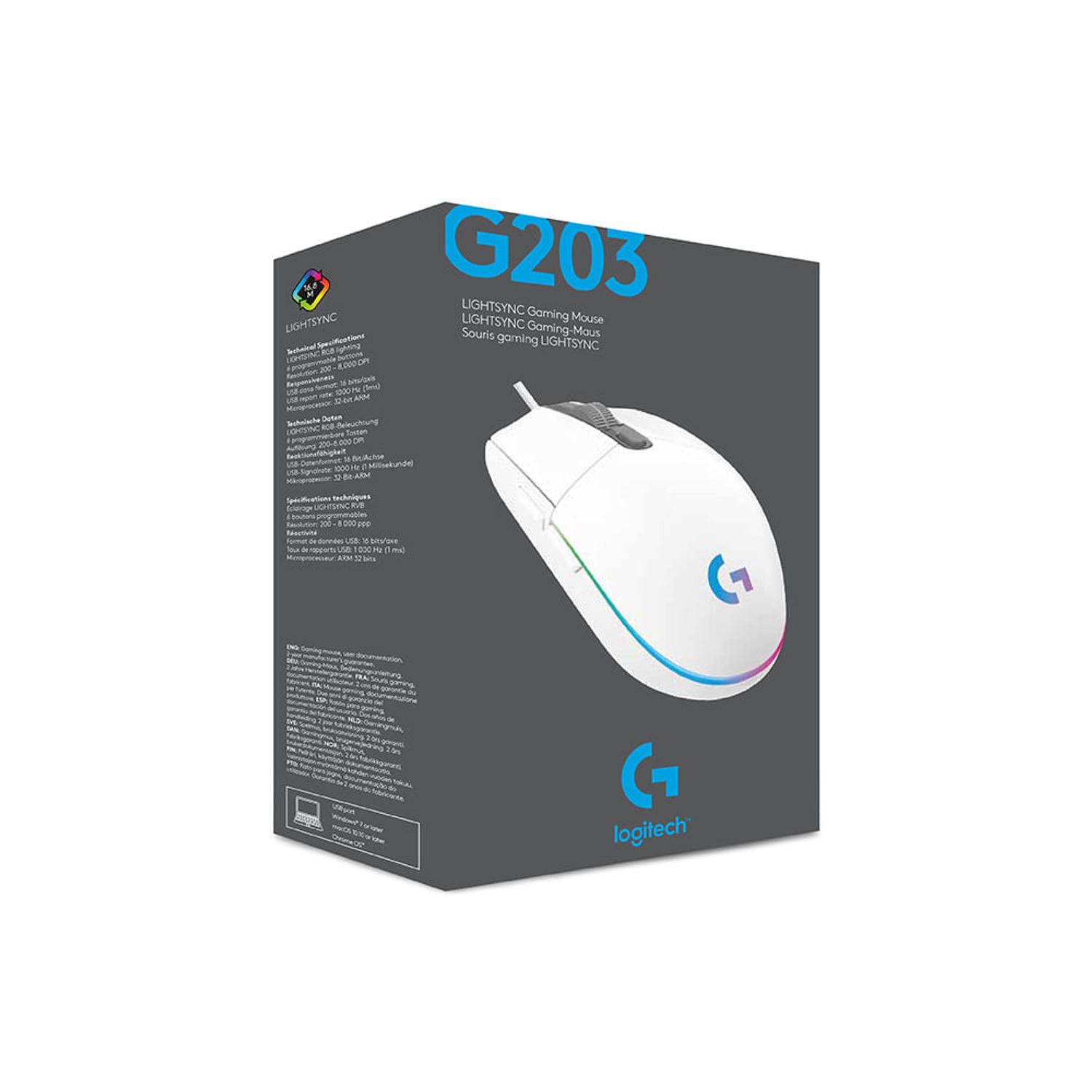 Mouse Logitech G203 Lightsync 8000 DPI, RBG, White | Oechsle - Oechsle