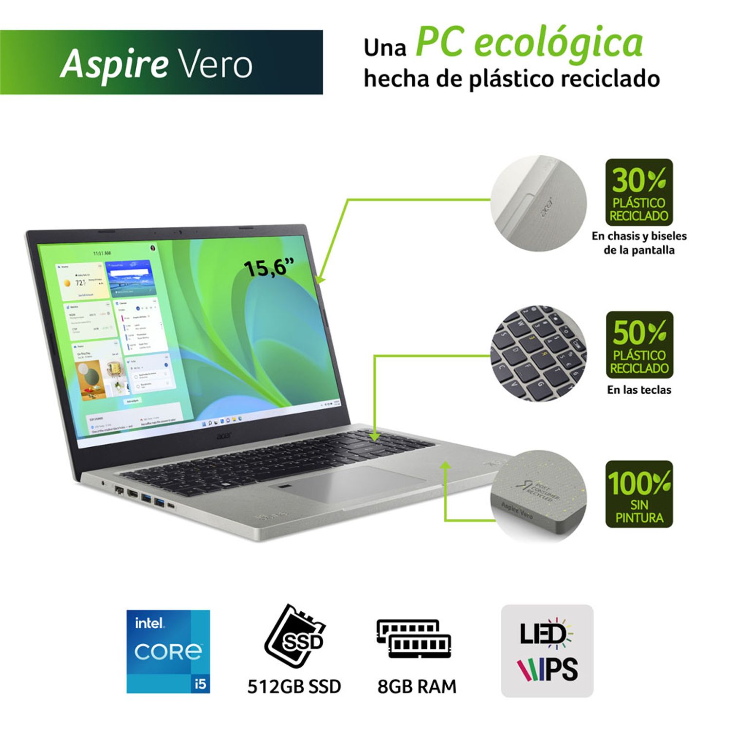 Laptop Acer Ecológica Aspire Vero AV15-51-567Y Intel Core i5 8GB RAM ...